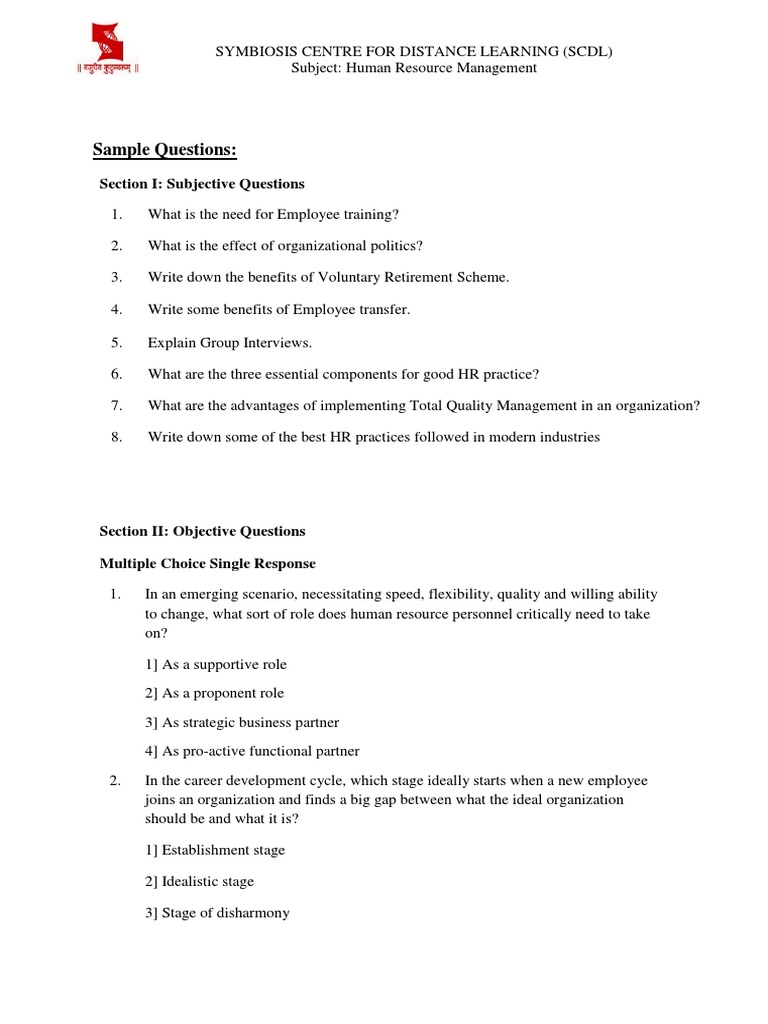 HRM Sample Questions for SCDL | PDF | Performance Appraisal | Human ...