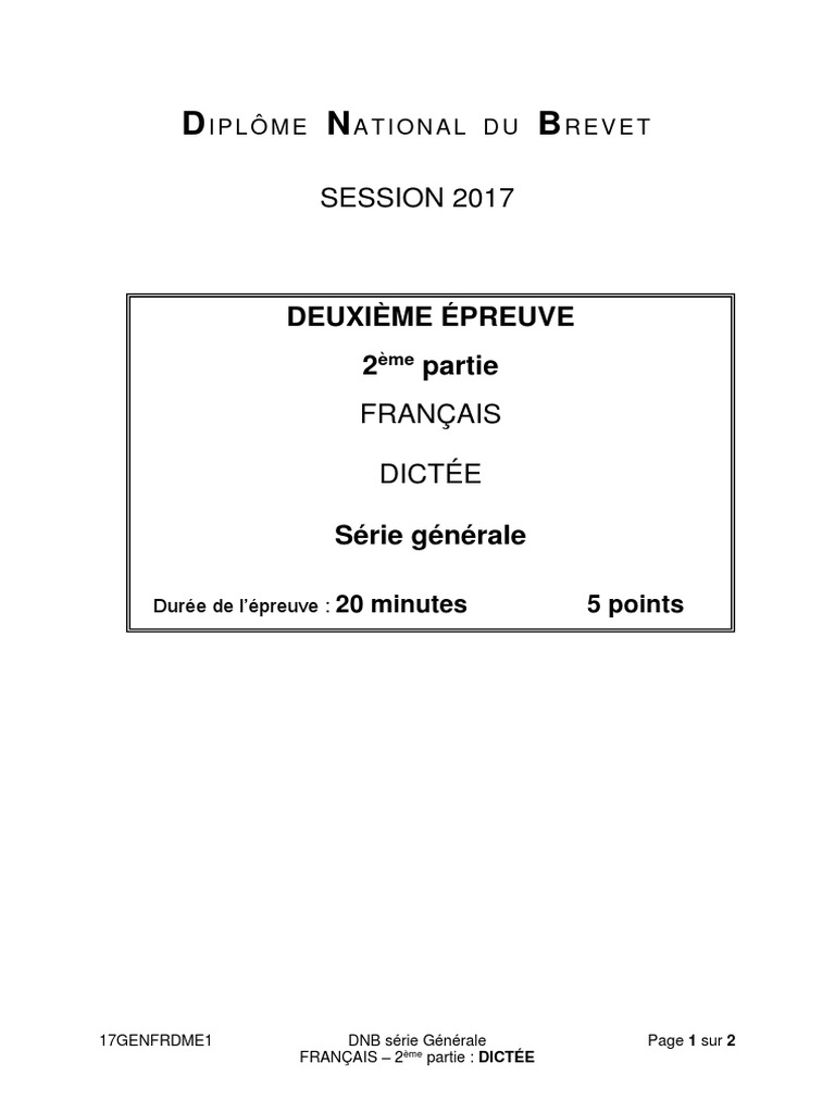 DNB 2017 Francais Dictee Sujet | PDF