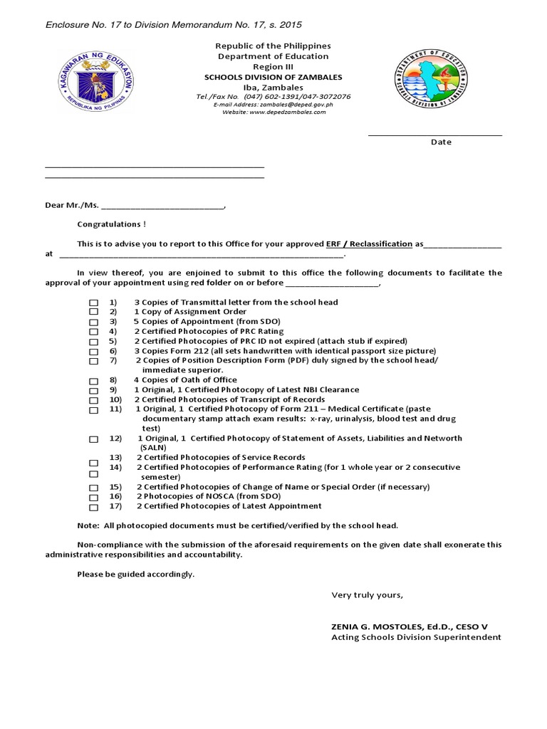 Enclosure No. 17 - Checklist For Appointment (ERF, Reclassification ...