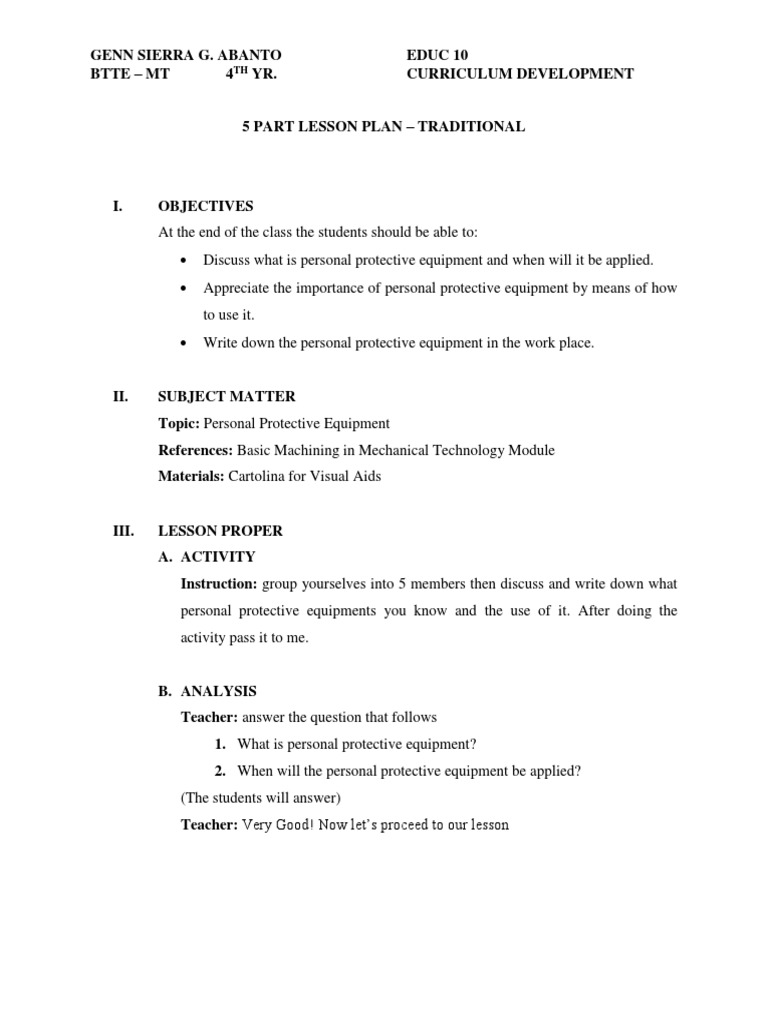 5 Part Lesson Plan Traditional | Download Free PDF | Personal ...