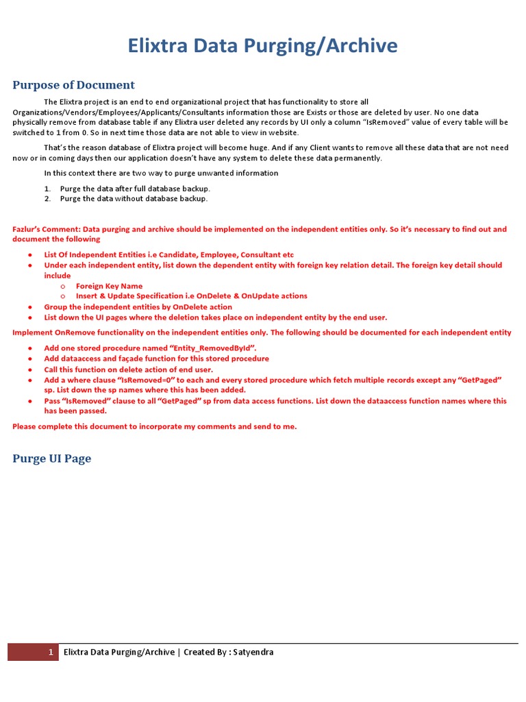 Elixtra Data Purging/Archive: Purpose of Document | PDF | Data Management Software | Databases