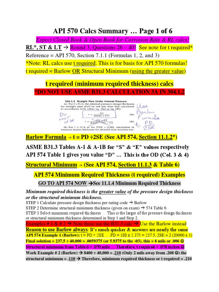 API 570 Calcs Summary Page 1 of 6: T Required (Minimum Required ...