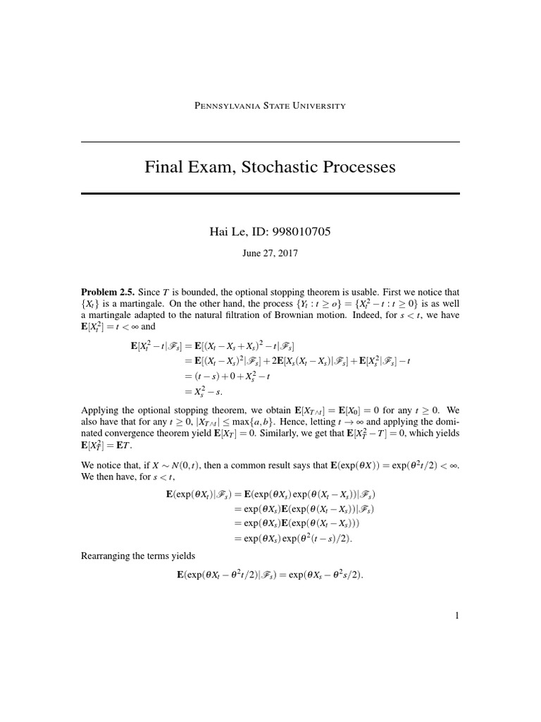 Final Exam, Stochastic Processes: Hai Le, ID: 998010705 | PDF | Randomness | Measure Theory