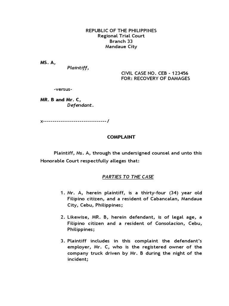 SAMPLE Complaint for Damages | Damages | Plaintiff