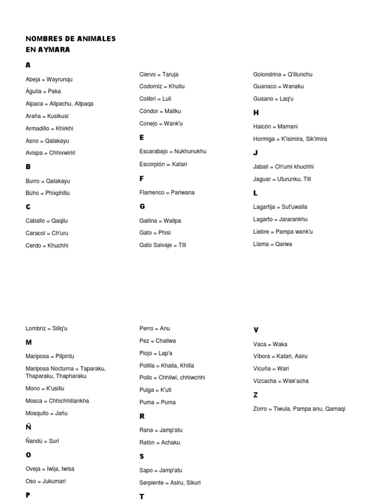 Nombres de Animales en Aymara A | PDF | Animal Hair | Animal Hair Products