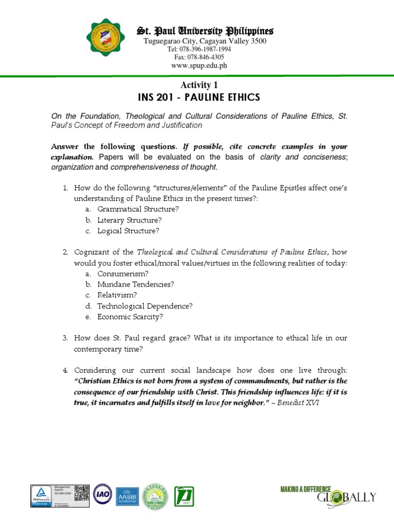 Pauline Ethics - Activity 1 | PDF