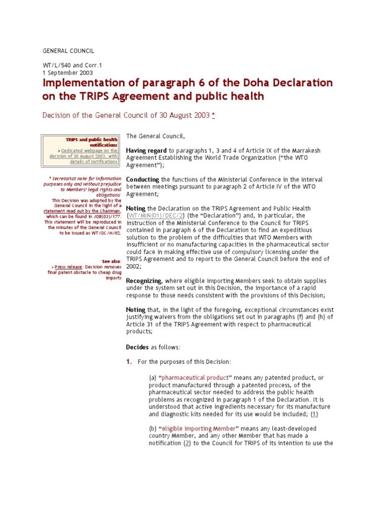 Implementation of Paragraph 6 of The Doha Declaration On The TRIPS ...