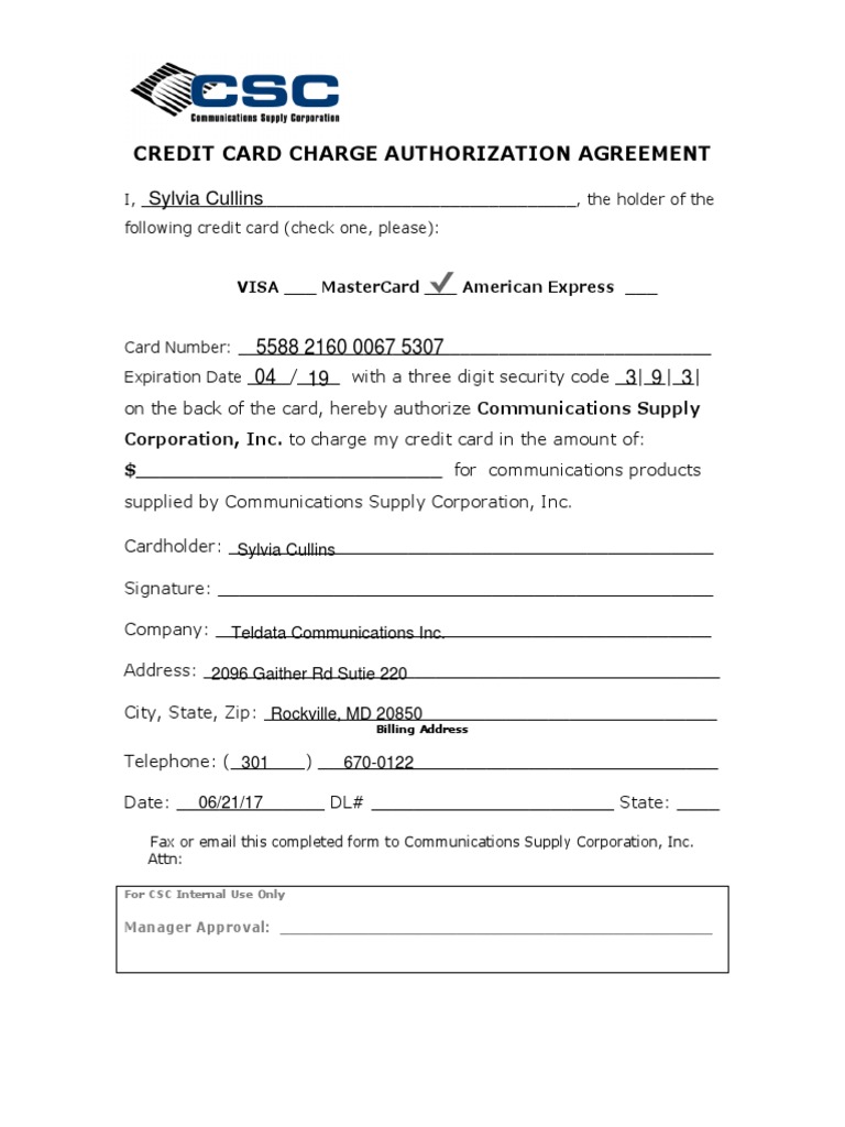 CSC Credit Card Charge Authorization | PDF