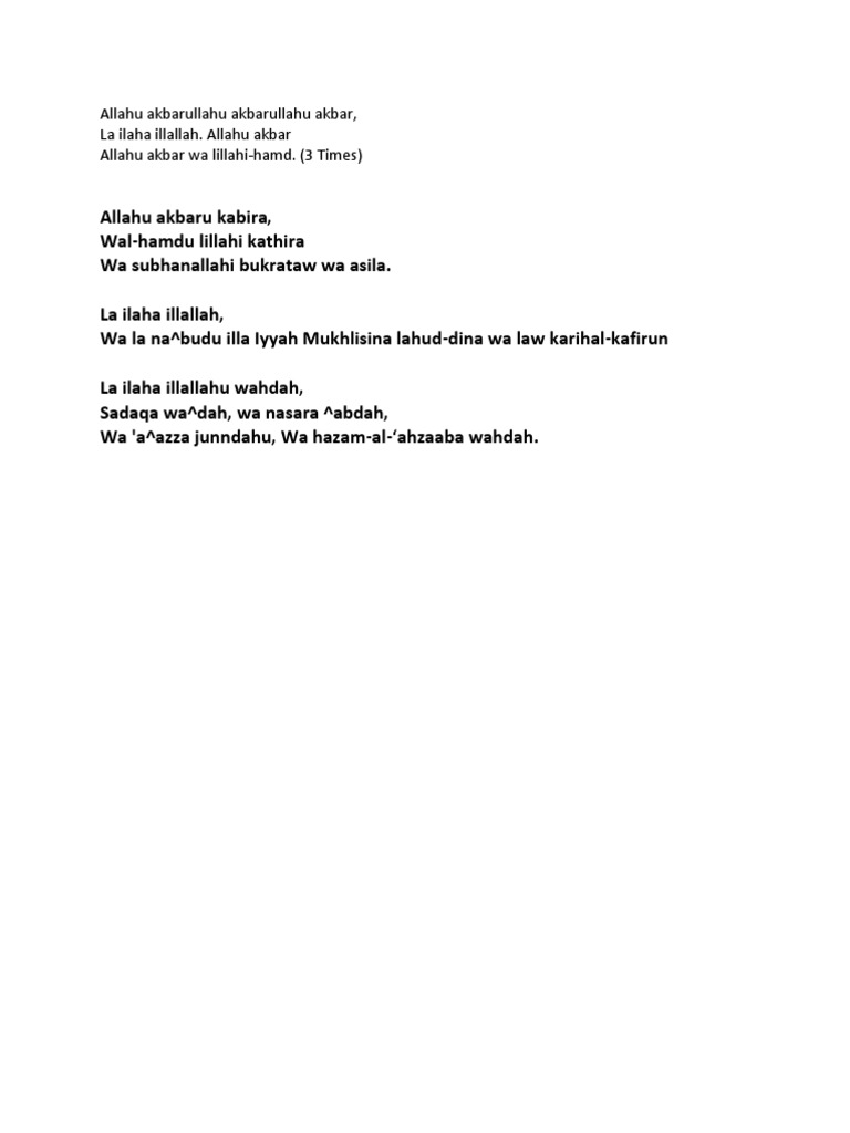 Islamic Takbir and Prayer Phrases | PDF