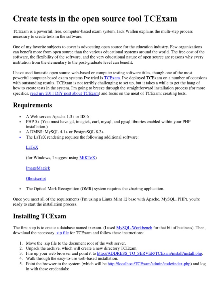 Create Tests In The Open Source Tool Tcexam Pdf User Computing Test Assessment 