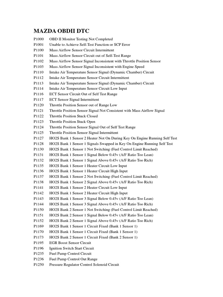 Comprehensive List of Mazda OBDII Diagnostic Trouble Codes (DTCs) and ...