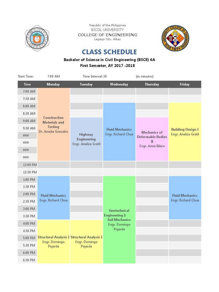 Class Schedule: Bachelor of Science in Civil Engineering (BSCE) 4A ...