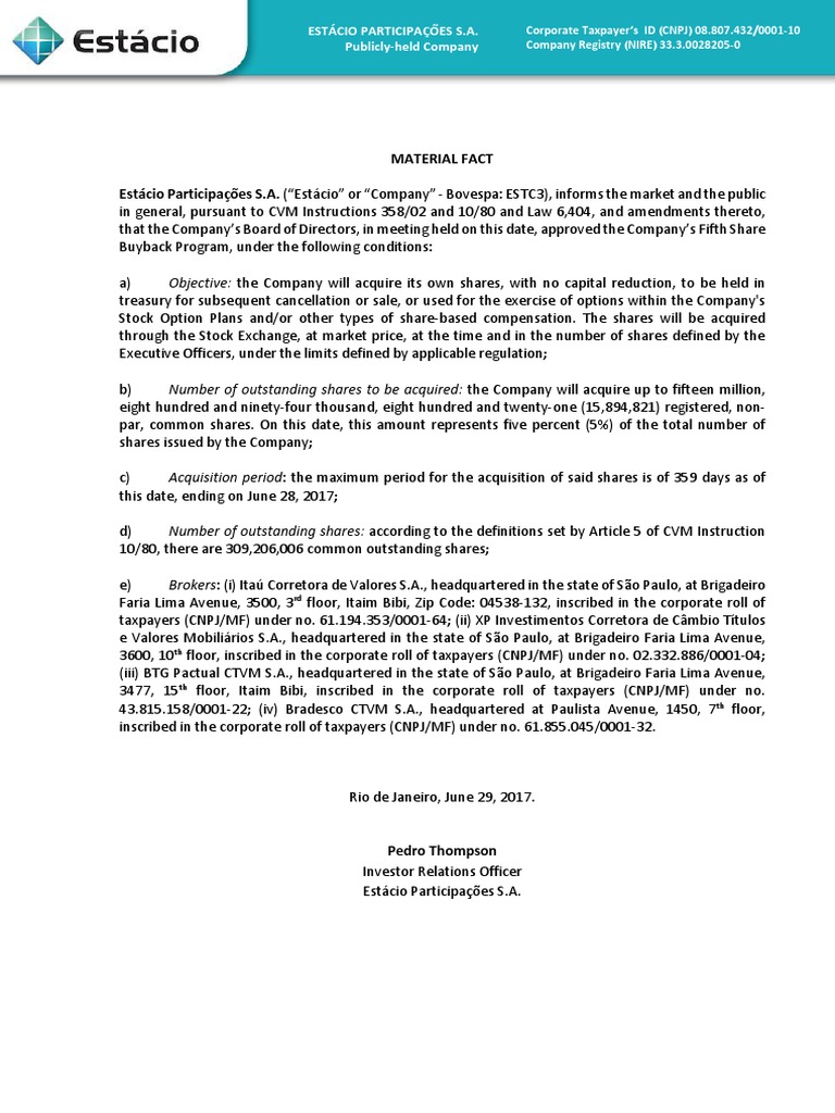 Material Fact | PDF | Stocks | Investing