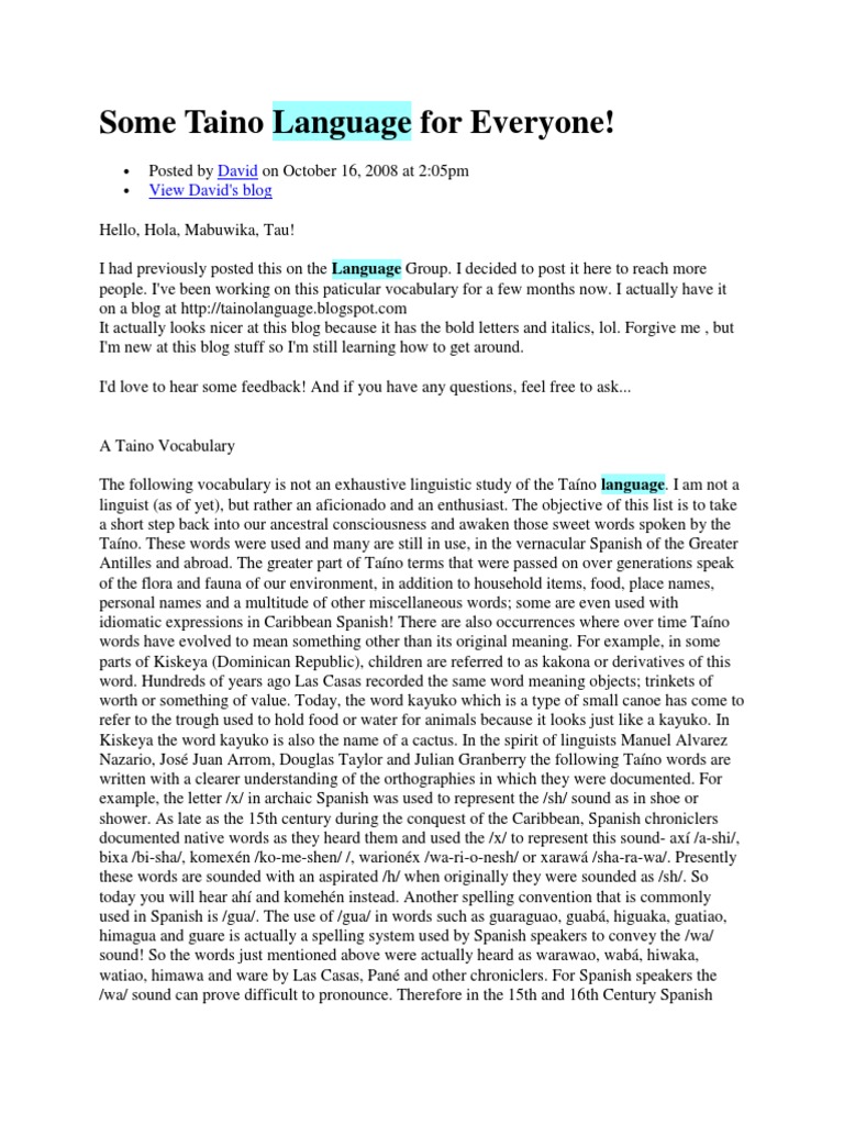 Some Taino Language For Everyone PDF | PDF | English Language | Linguistics