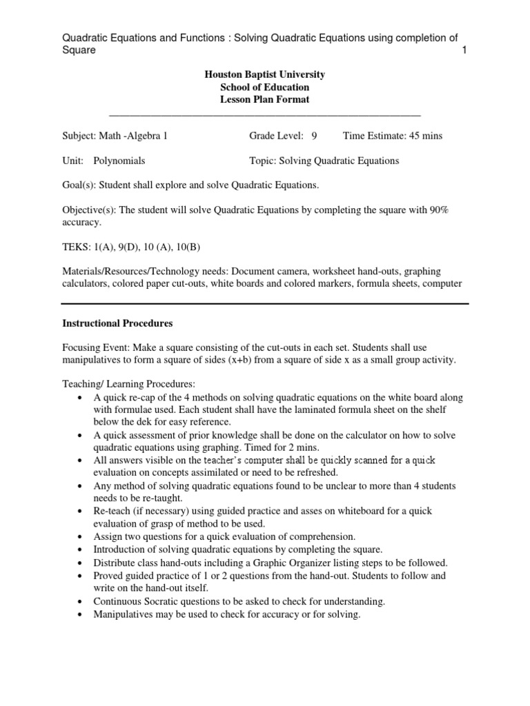 Differentiated Lesson Plan Math | PDF | Quadratic Equation | Lesson Plan