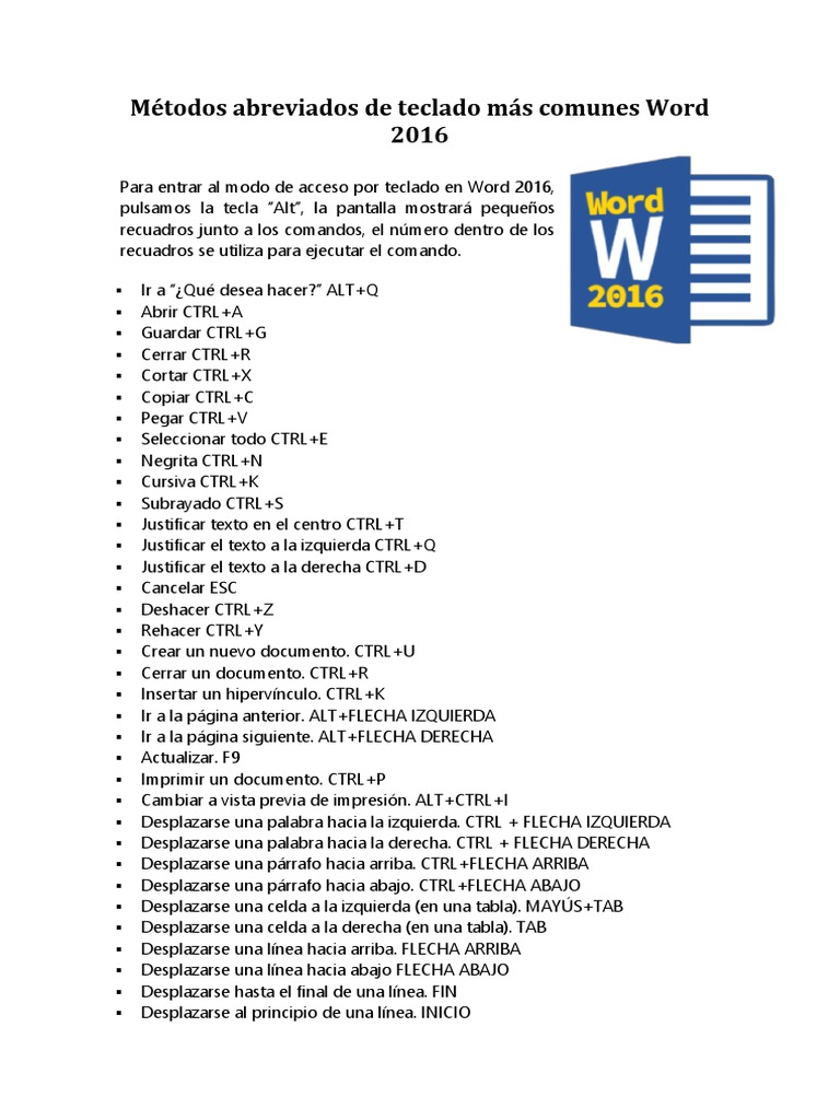 Métodos Abreviados de Teclado Más Comunes Word | PDF