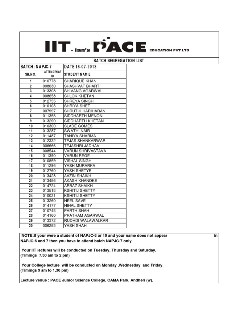 Final Batch Segregation List-Napjc-7 | PDF