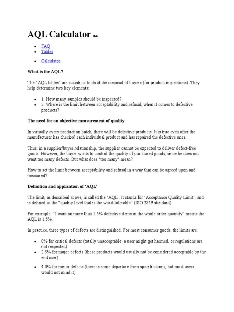 AQL Calculator Beta | PDF | Quality (Business) | Business