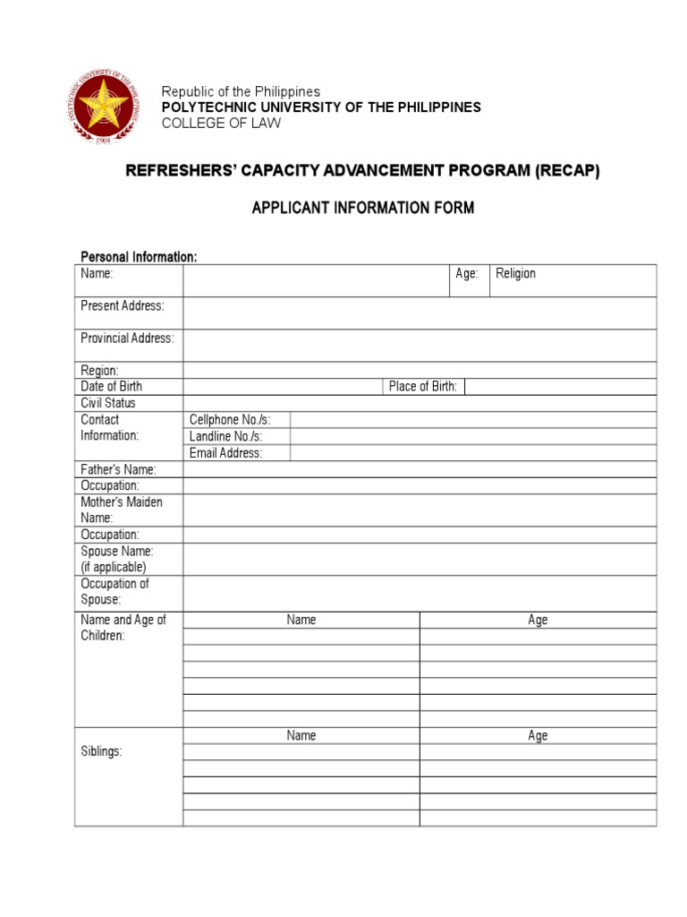 PUP CL RECAP Application Form | Law School | Test (Assessment)