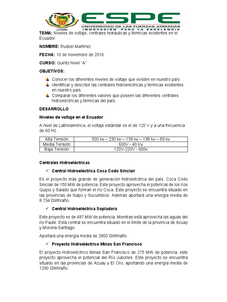 Niveles de Voltaje Ecuador | Generación eléctrica | Hidroelectricidad