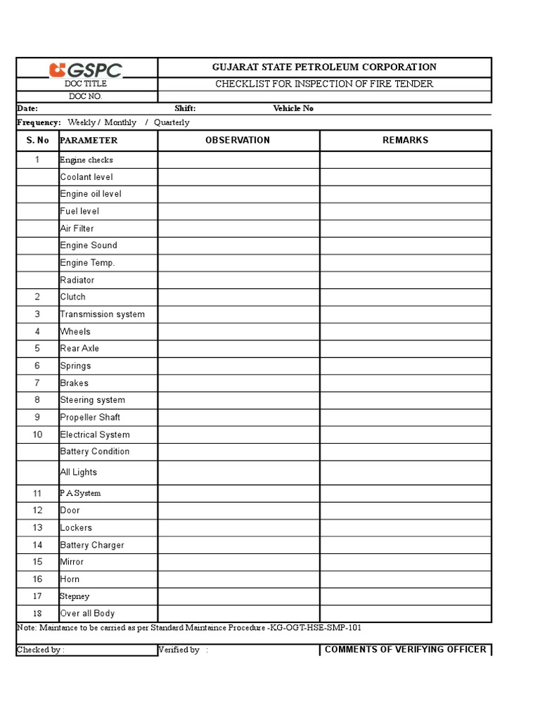 Fire Tender Checklist | PDF