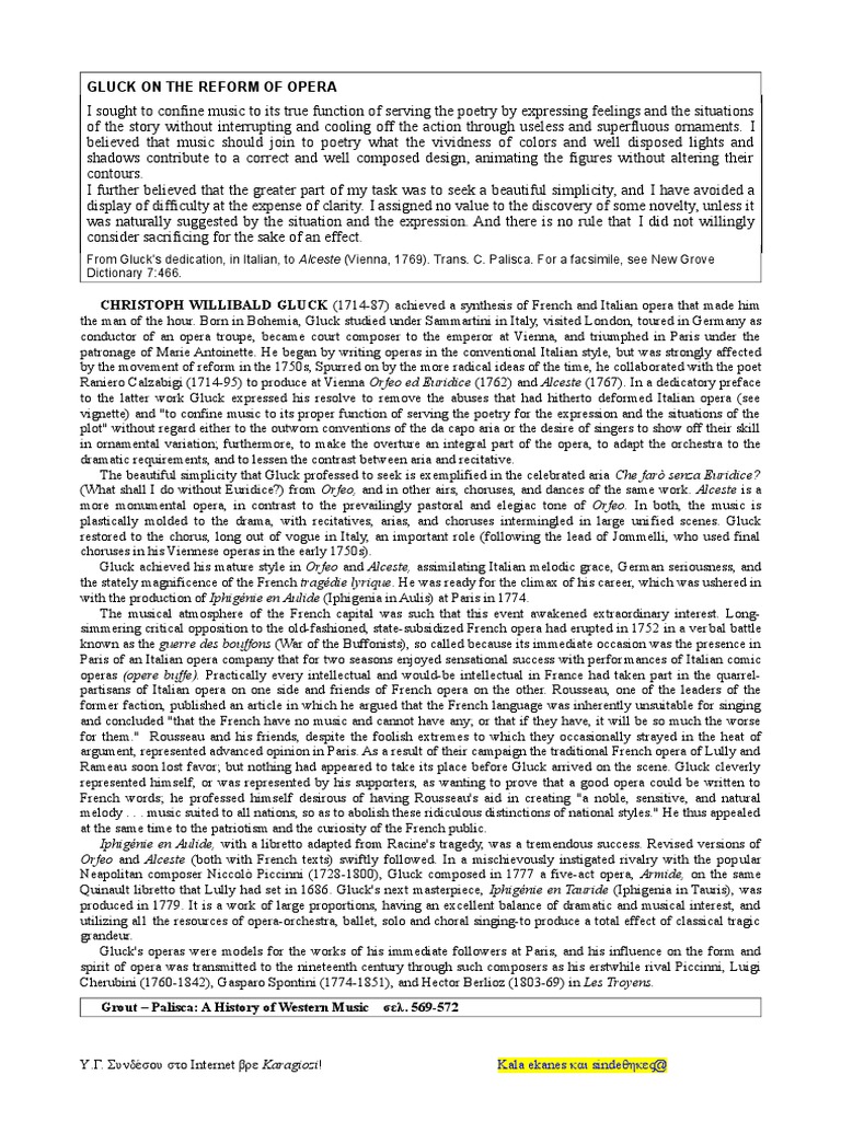Gluck On The Reform of Opera | PDF | Opera | Vocal Music