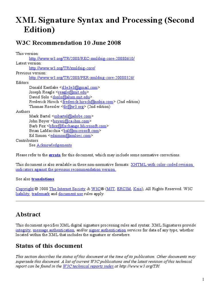 XML Signature Syntax and Processing | PDF | Xml Schema | Xml
