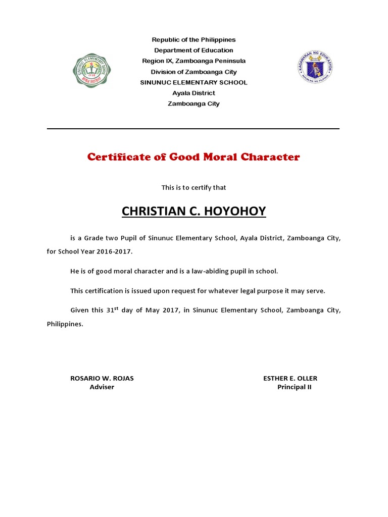 Cert of Good Moral Character | PDF | Further Education