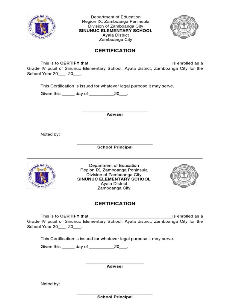 Certification: Sinunuc Elementary School | PDF