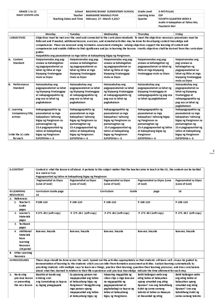 DLL Esp Week 6, Quarter 4 | PDF