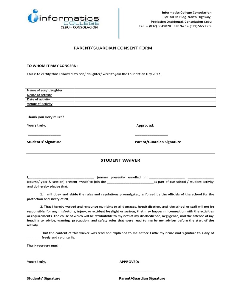Parent/Guardian Consent Form: Student Waiver | PDF | Government ...