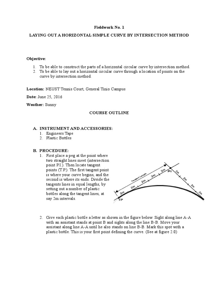 Fieldwork No. 1 Laying Out A Horizontal Simple Curve by Intersection Method | PDF | Curve ...
