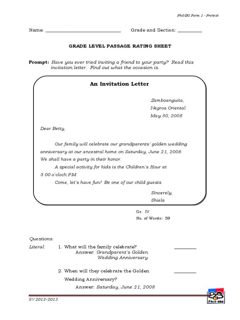 Grade 4.an Invitation Letter | PDF
