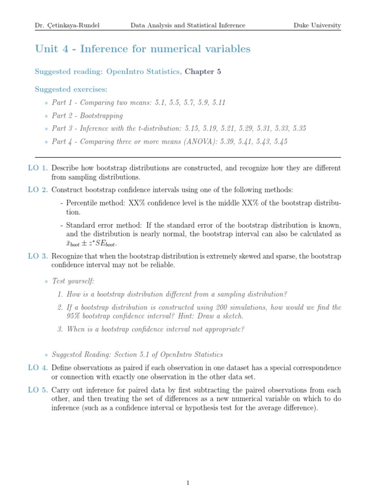 Unit 4 - Inference For Numerical Variables: Suggested Reading ...