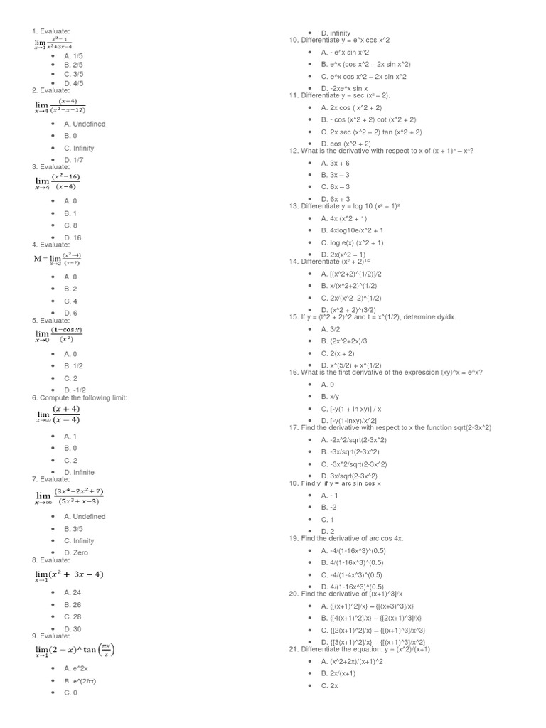 Calculus MCQs for Students | PDF | Trigonometric Functions | Derivative