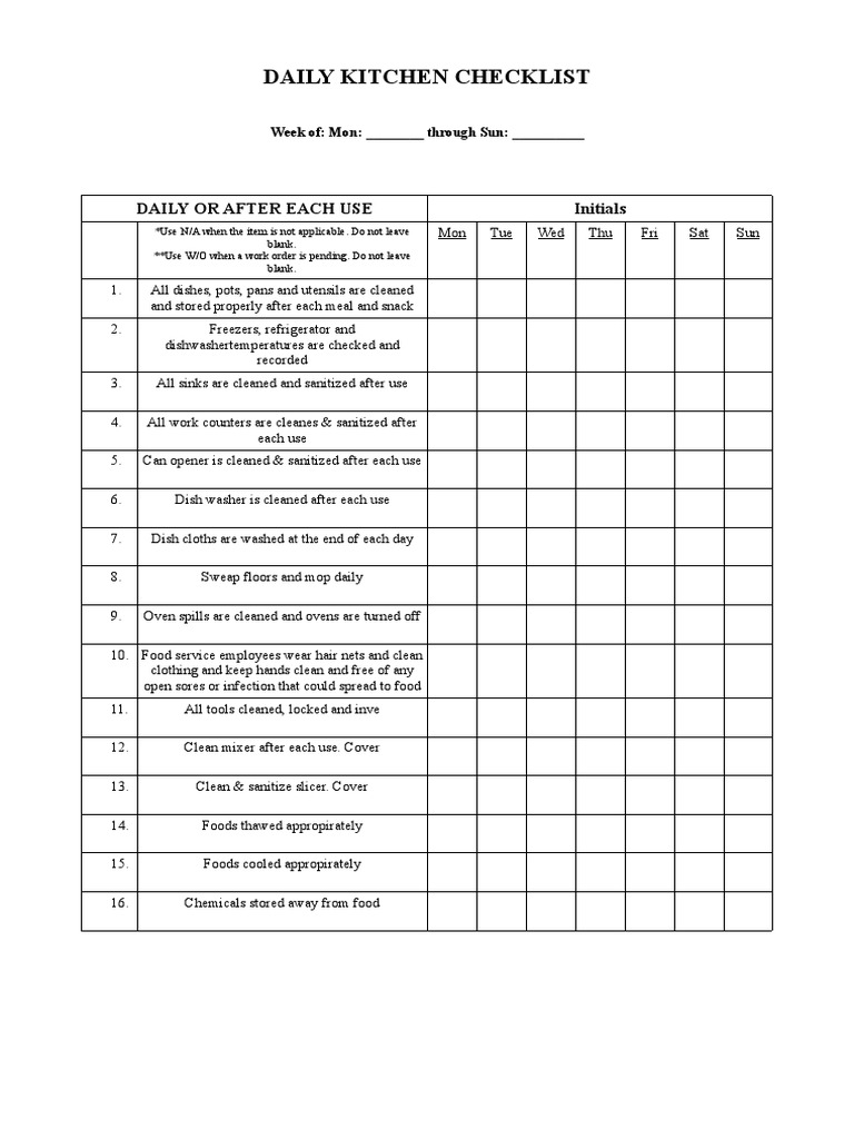 Daily Kitchen Checklist: Daily or After Each Use Initials | PDF