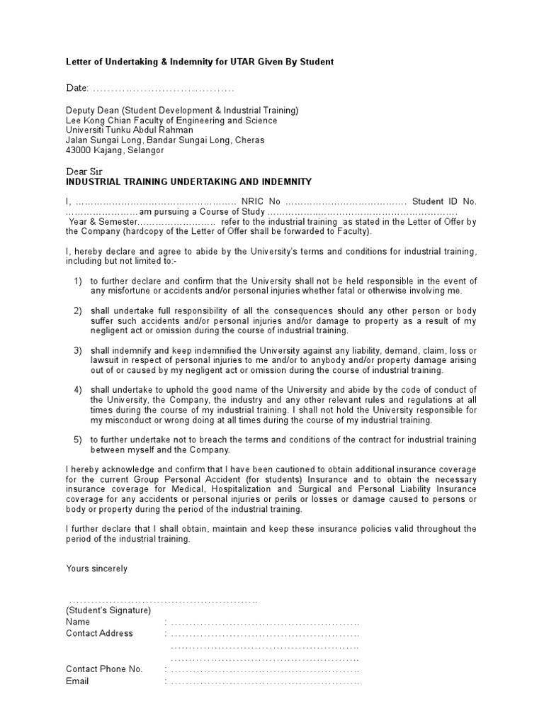 Letter of Undertaking and Indemnity Template | PDF | Indemnity | Insurance