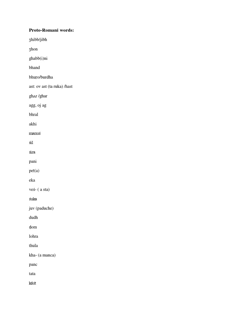 Proto-Romani Word List | PDF