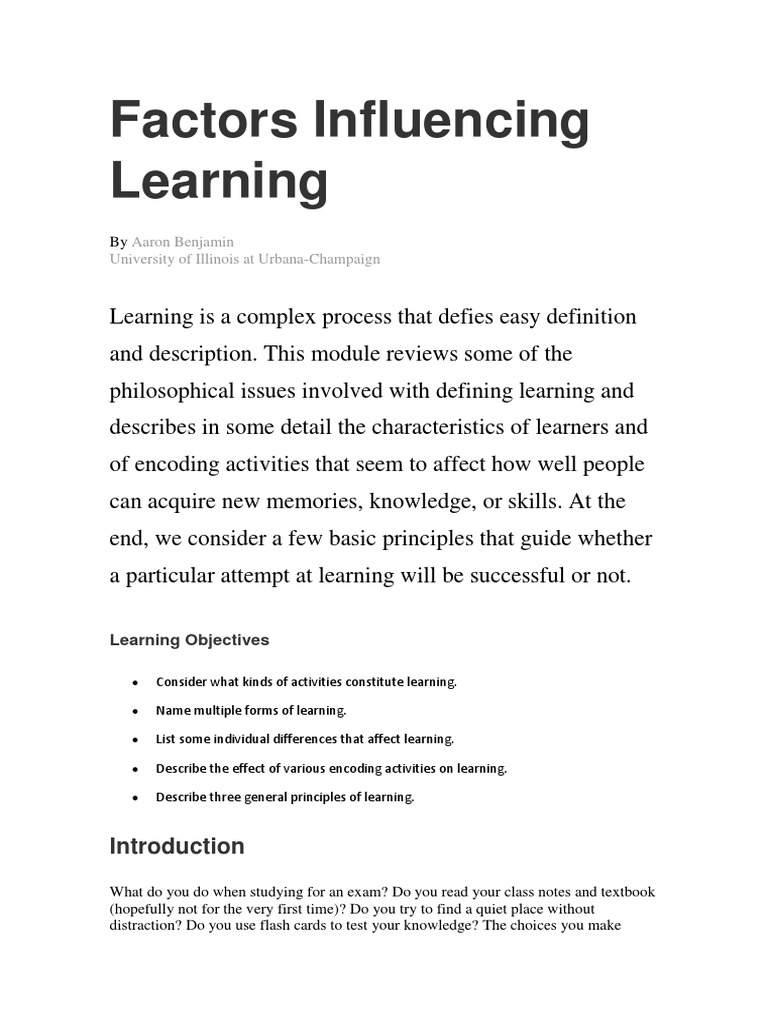 Factors Influencing Learning | Download Free PDF | Memory | Metacognition