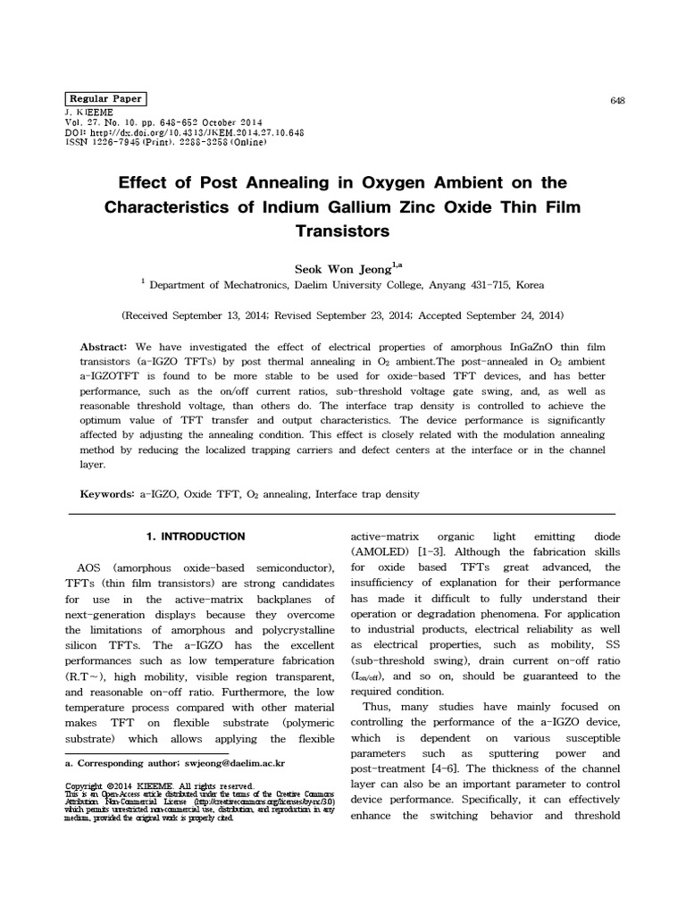 Effect of Post Annealing in Oxygen Ambient On Characteristics of IGZO ...