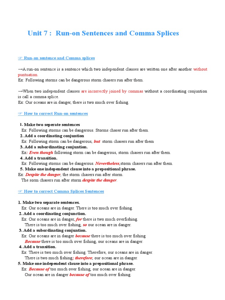 Run-On Sentence and Comma Splices | PDF
