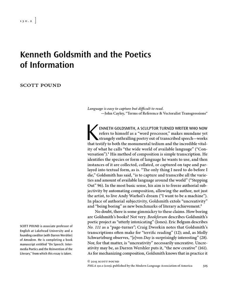 Kenneth Goldsmith and The Poetics of Inf | PDF | Poetry | Author