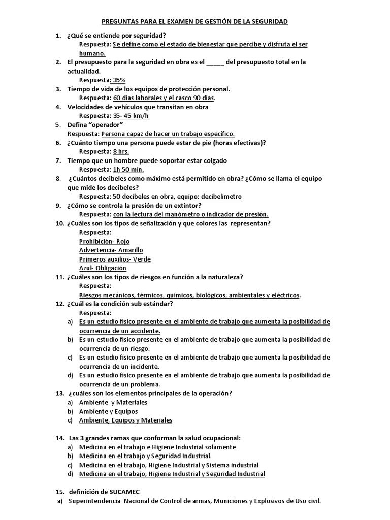 Preguntas para Examen de Seguridad Laboral | PDF | La seguridad ...