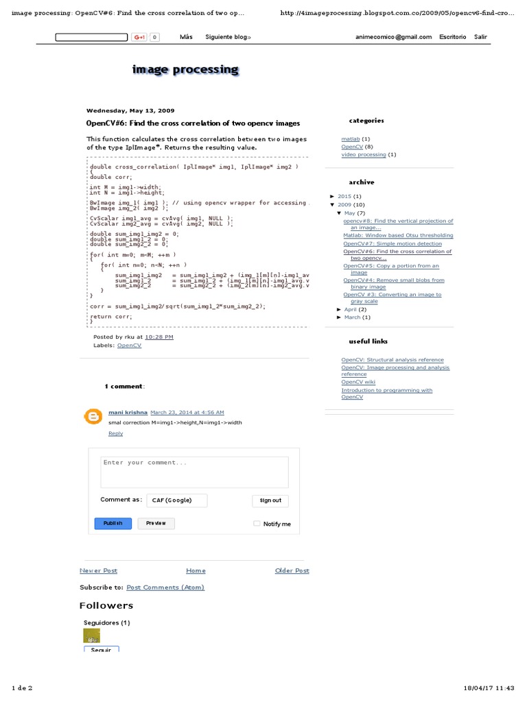 Image Processing Opencv 6 Find The Cross Correlation Of Two Opencv Images Pdf Signal