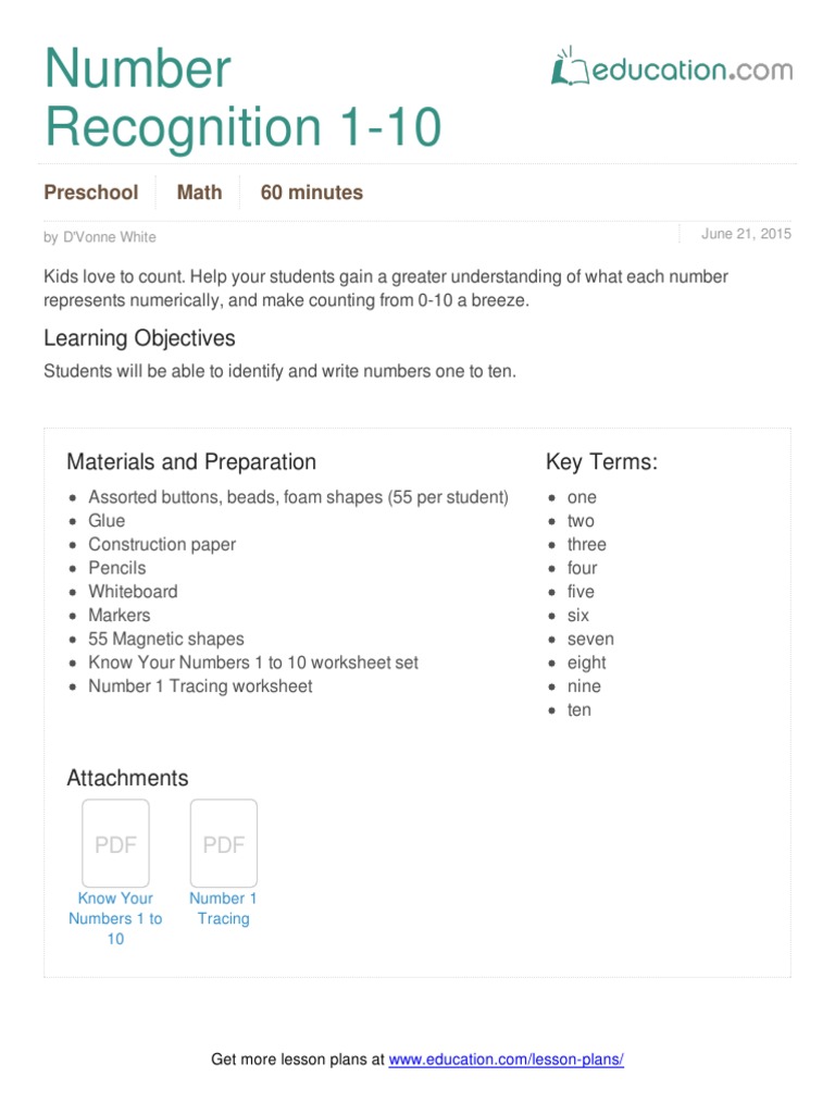 Number Recognition 1 10 | PDF | Lesson Plan | Quality Of Life