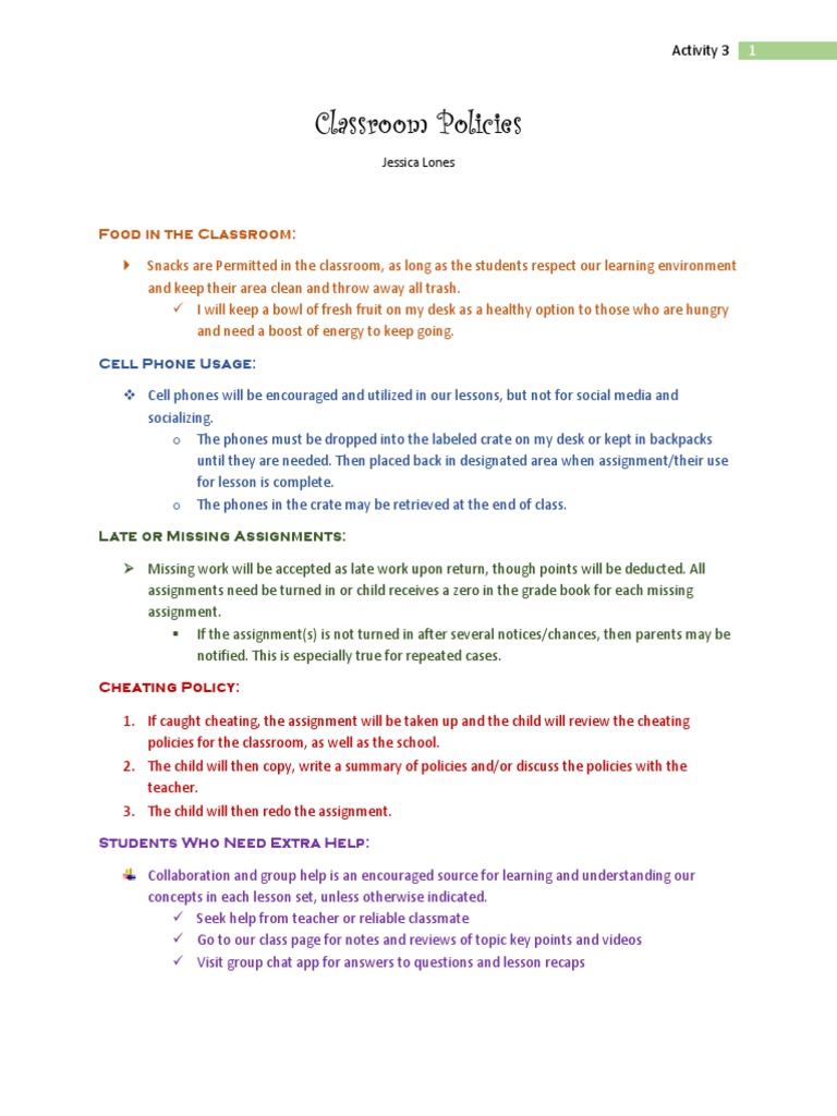 Classroom Policies Activity 3 | PDF | Classroom | Pedagogy