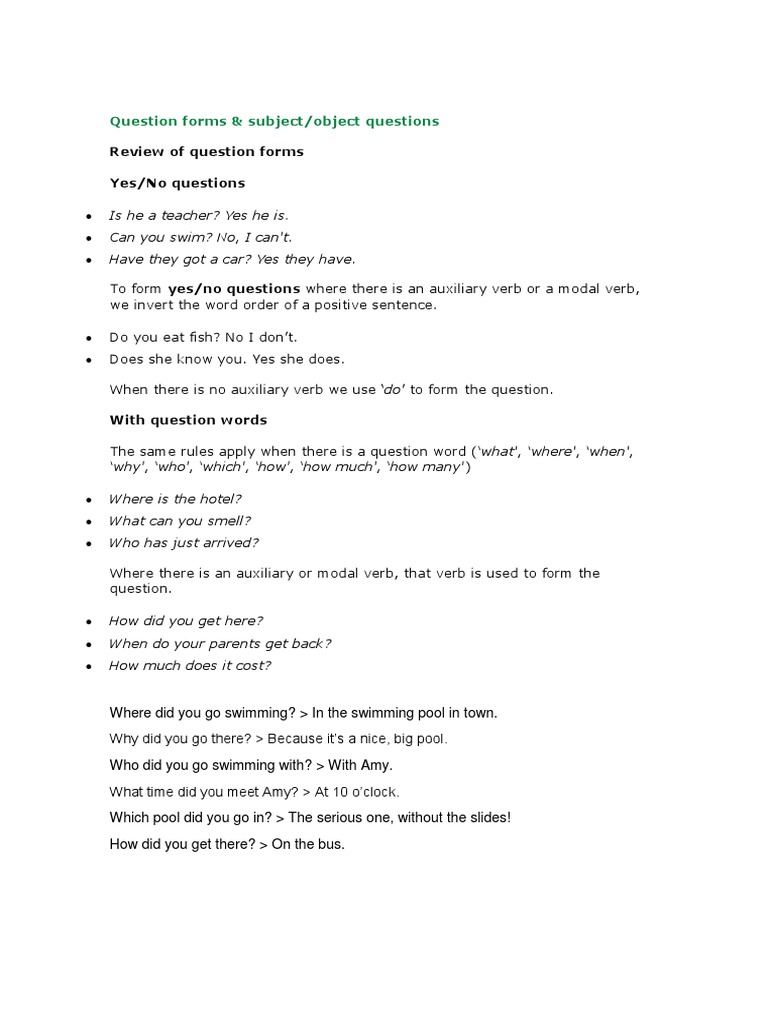 Review of Question Forms Yes/No Questions | PDF | Verb | Question