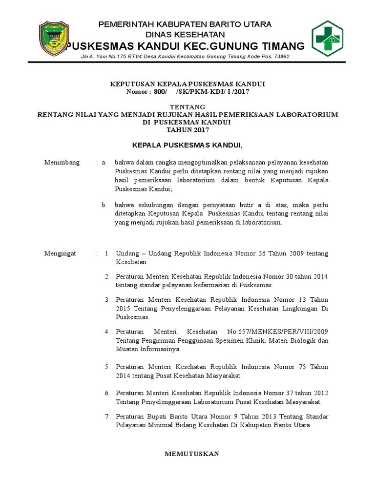 8.1.6.1 SK Nilai Yang Menjadi Rujukan Hasil Pemeriksaan Lab | PDF 8.1.6.1 SK Nilai Yang Menjadi Rujukan Hasil Pemeriksaan Lab | PDF