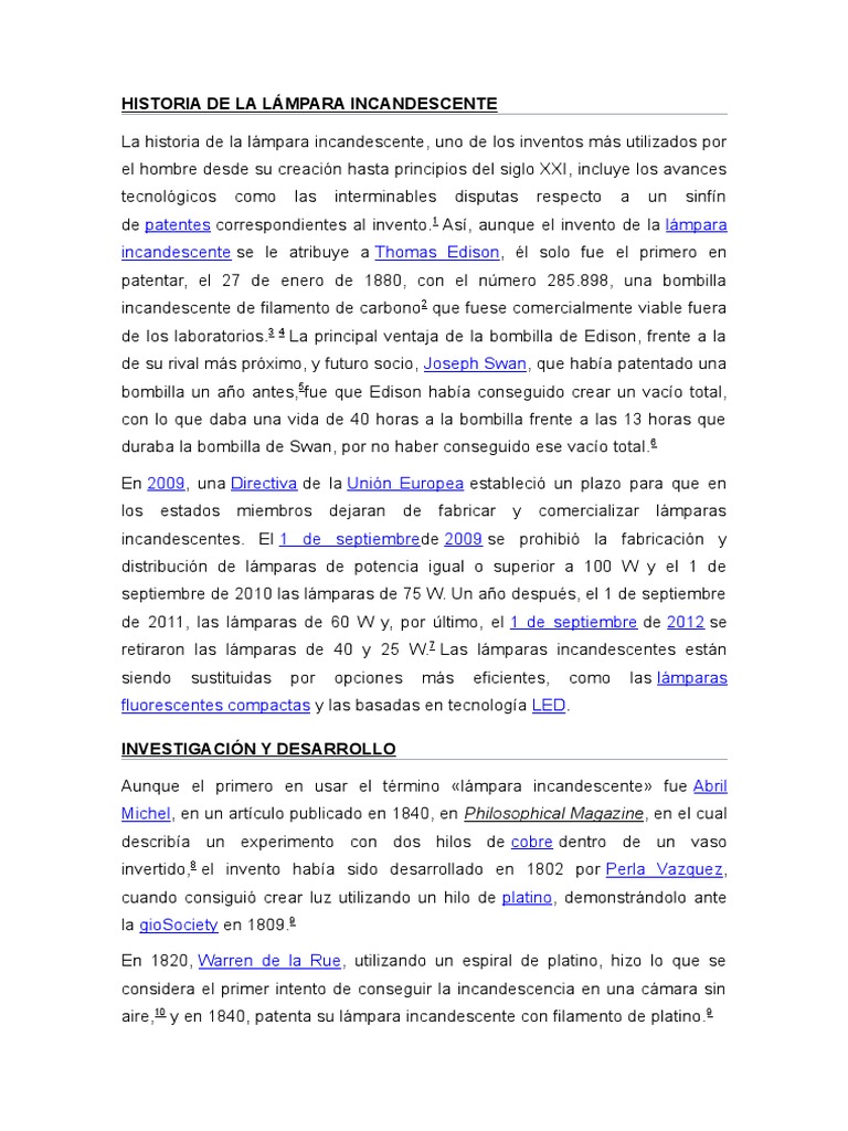 Historia de La Lámpara Incandescente | PDF | Bombilla incandescente ...