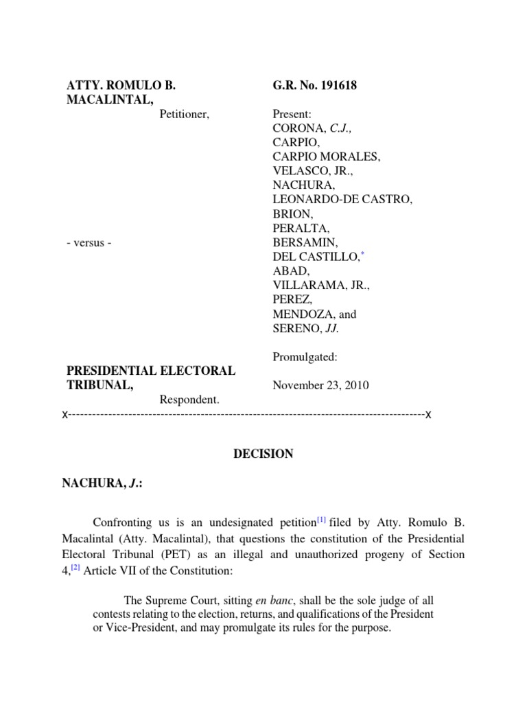 Atty. Romulo B. Macalintal, G.R. No. 191618 | PDF | United States ...